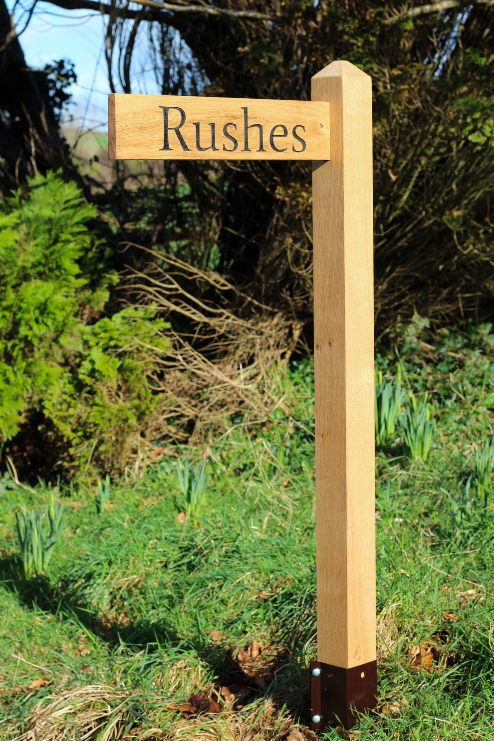 Tall Engraved Oak House Sign Post | Grain Designs