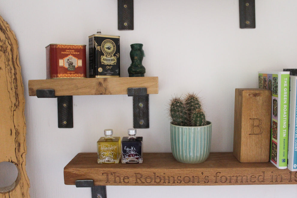 Solid Oak Shelf with Rustic Bent Iron Brackets | Grain Designs